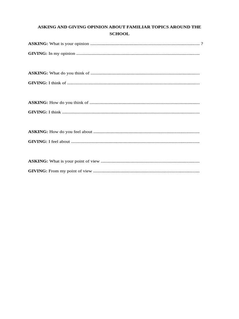 Asking and Giving Opinion About Familiar Topics Around The School | PDF