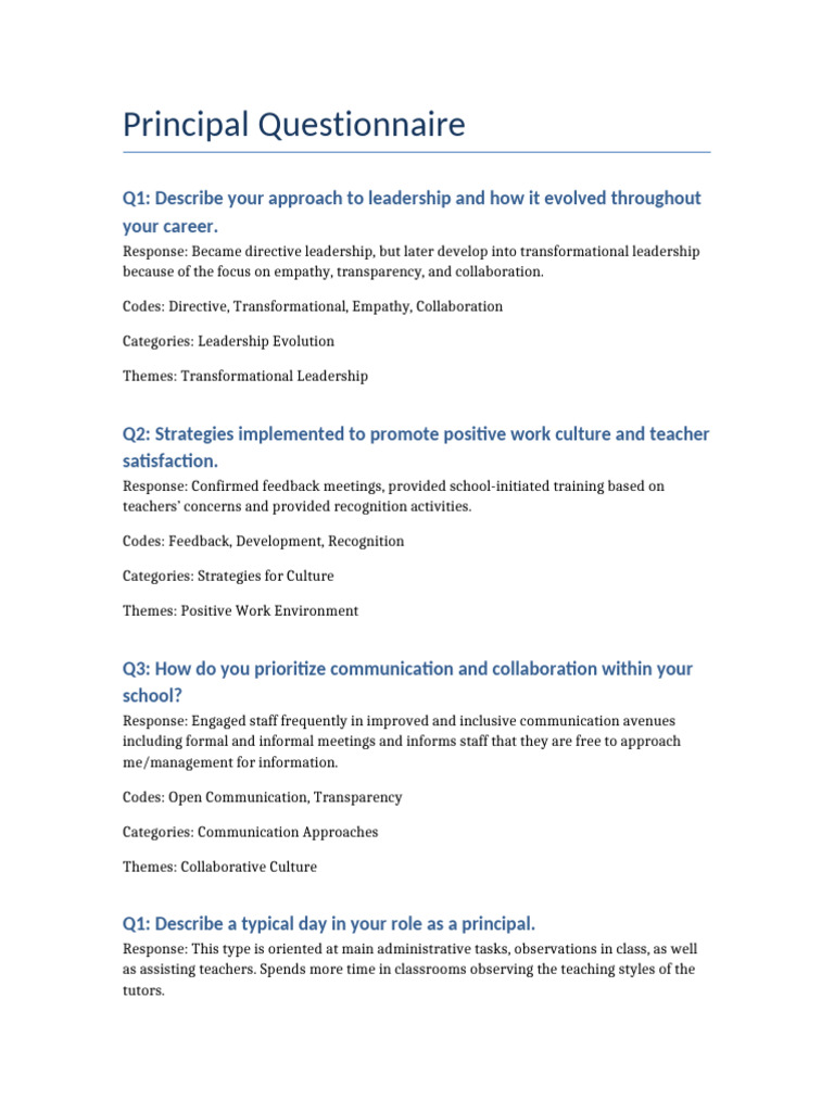 Principal Questionnaire Full | PDF | Leadership | Teachers