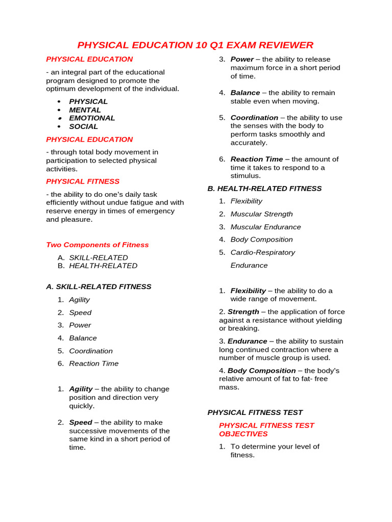 Physical Education 10 Q1 Exam Reviewer | PDF