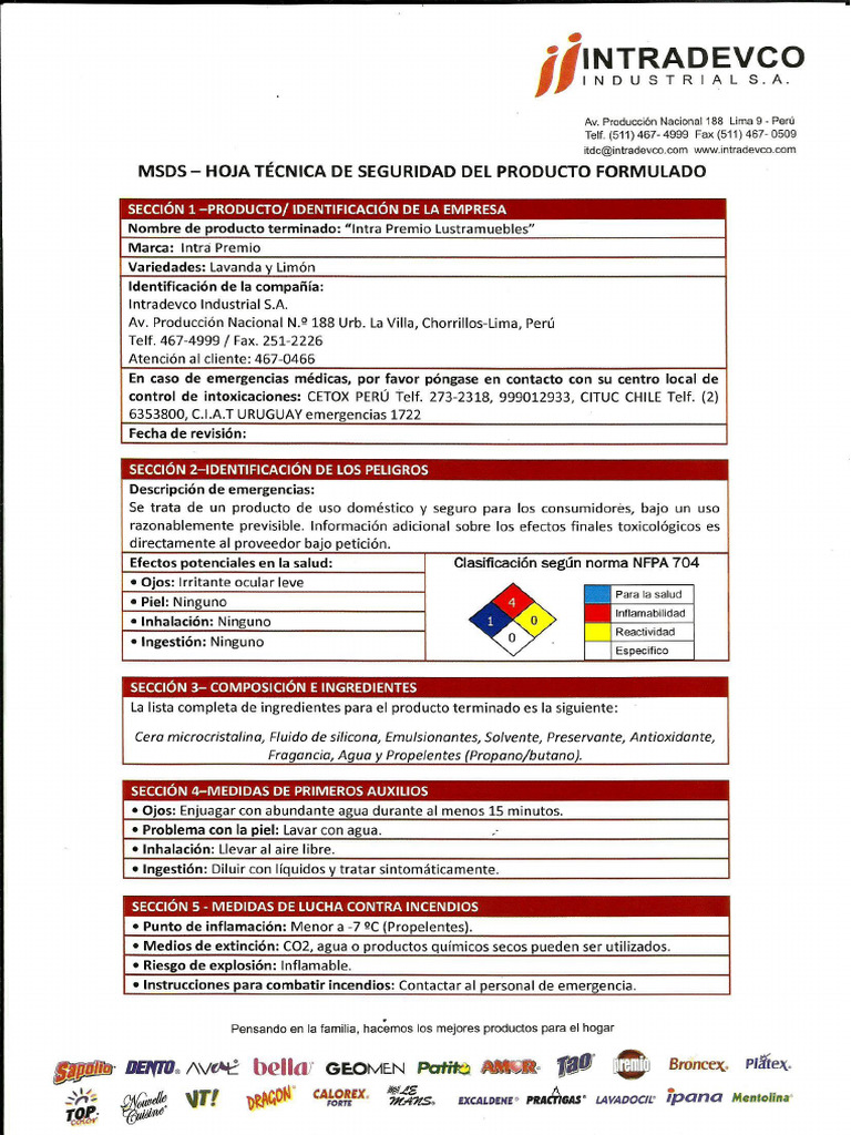 MSDS Intra Premio Lustramuebles | PDF