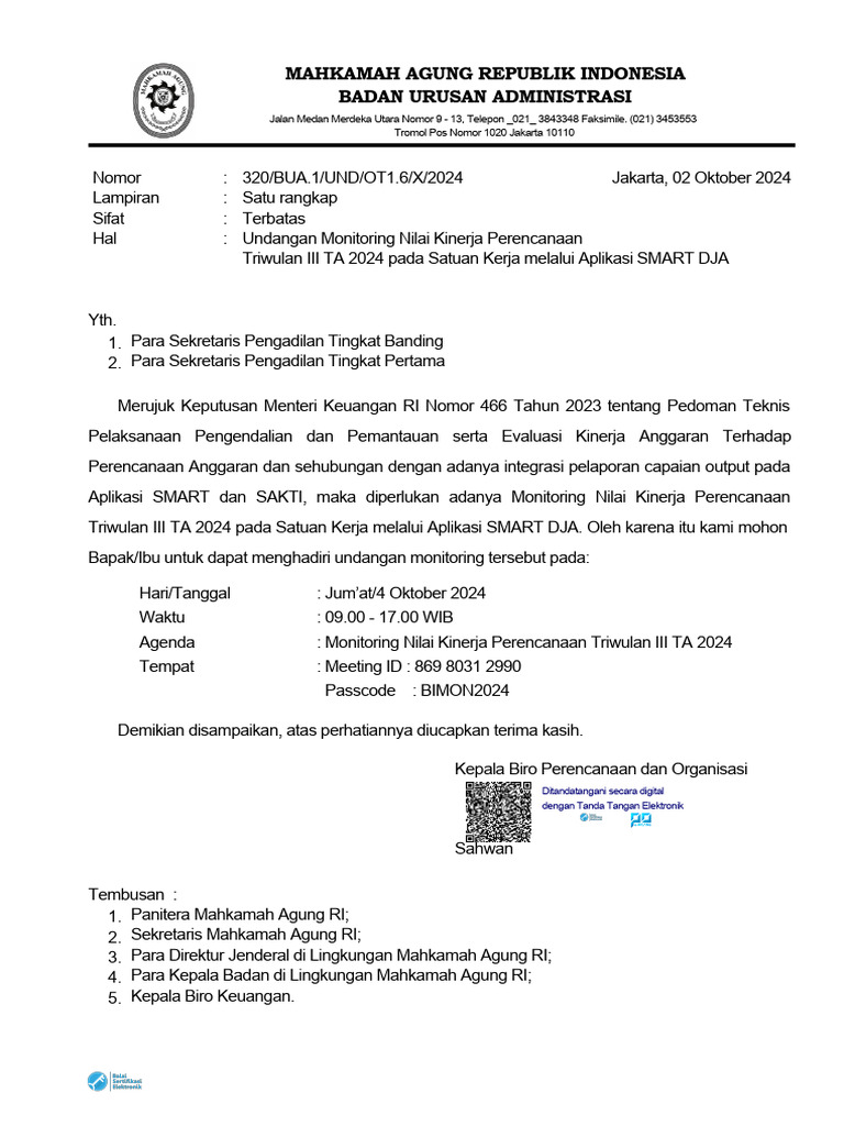 Undangan Monitoring Nilai Kinerja Perencanaan Triwulan III TA 2024 Pada Satuan Kerja Melalui ...