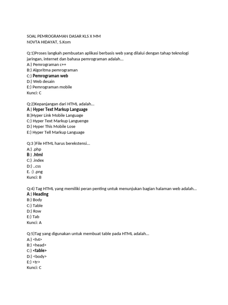 Soal Pemrograman Dasar KLS X MM | PDF