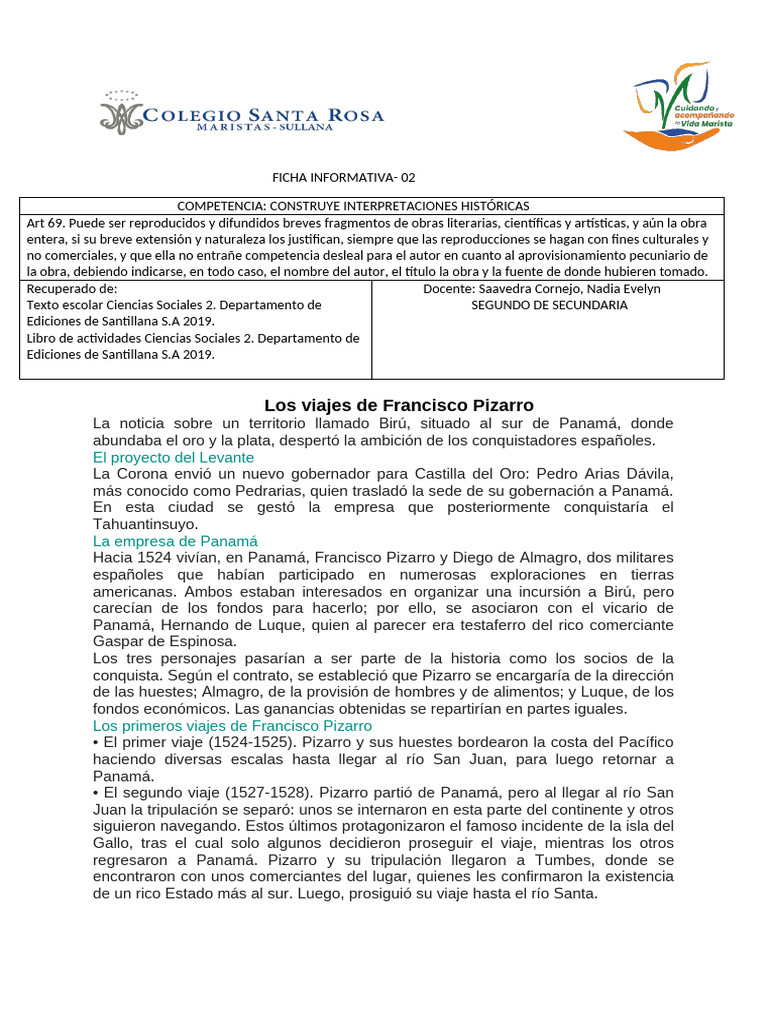 Ficha de 2do de Sec Los Viajes de Pizarro | PDF
