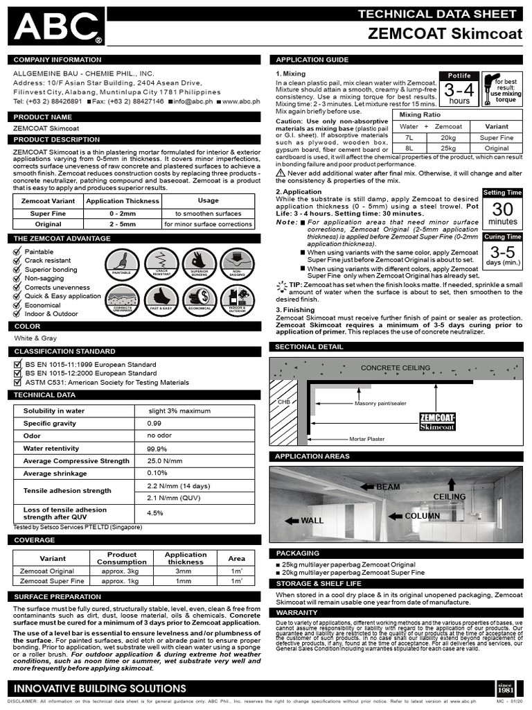 Zemcoat Skimcoat Technical Data Sheet 2020 | PDF