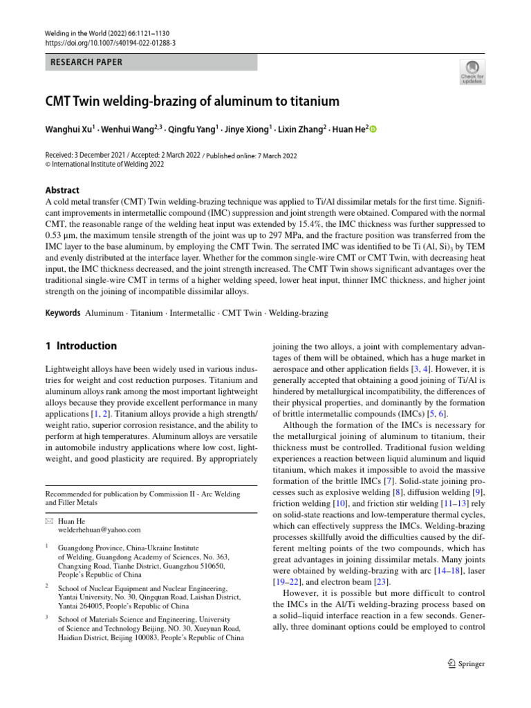 CMT Twin Welding Brazing of Aluminum To Titanium | PDF