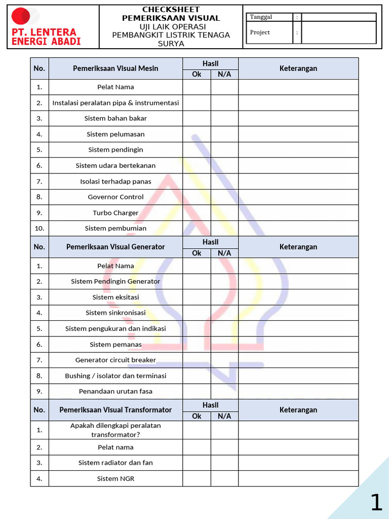 I Checksheet Pemeriksaan Visual PLTD | PDF