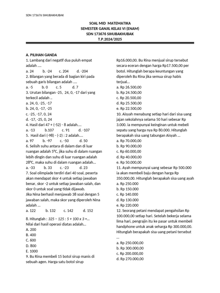 Soal Mid Matematika | PDF