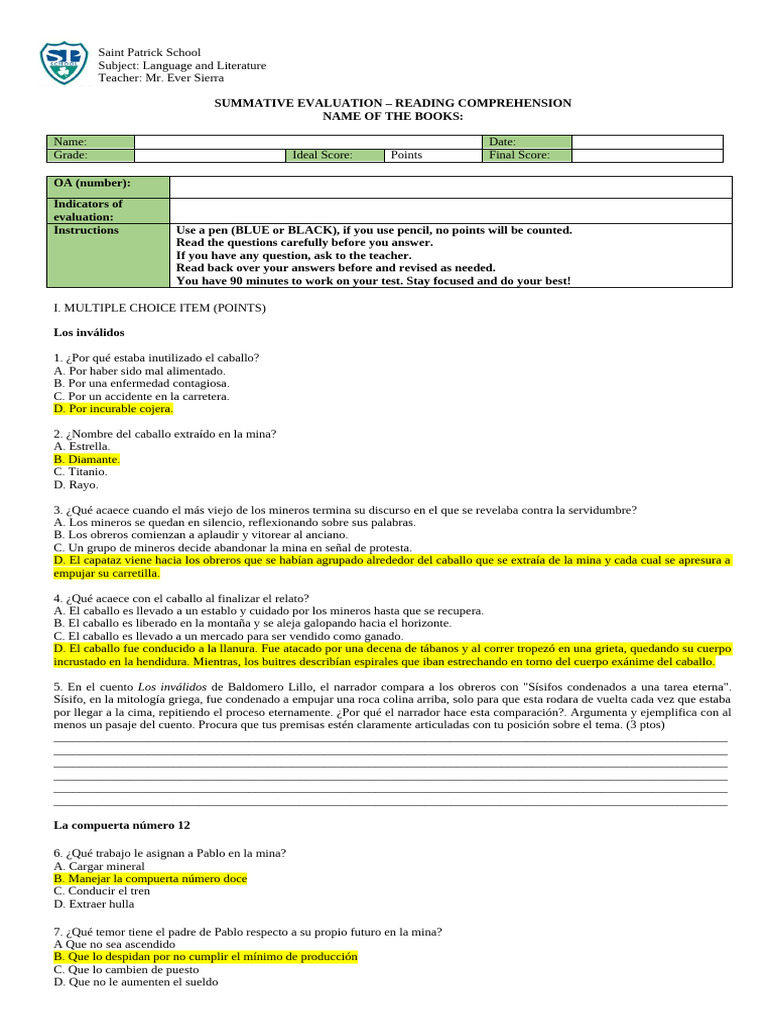 Summative Evaluation Reading Subterra | PDF
