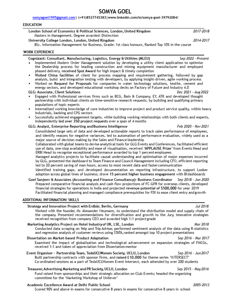 Somya Goel - Resume (1 PAGE) | PDF | Analytics | Economies