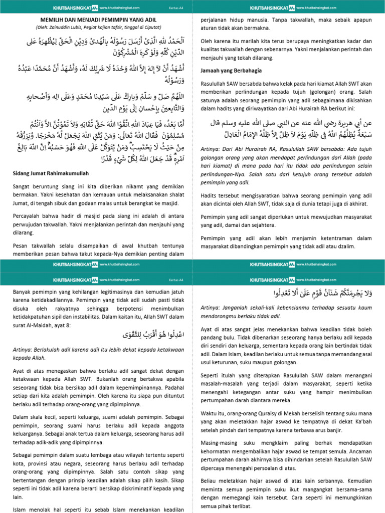 Khutbah Jumat Bahasa Indonesia - Memilih Dan Menjadi Pemimpin Yang Adil | PDF