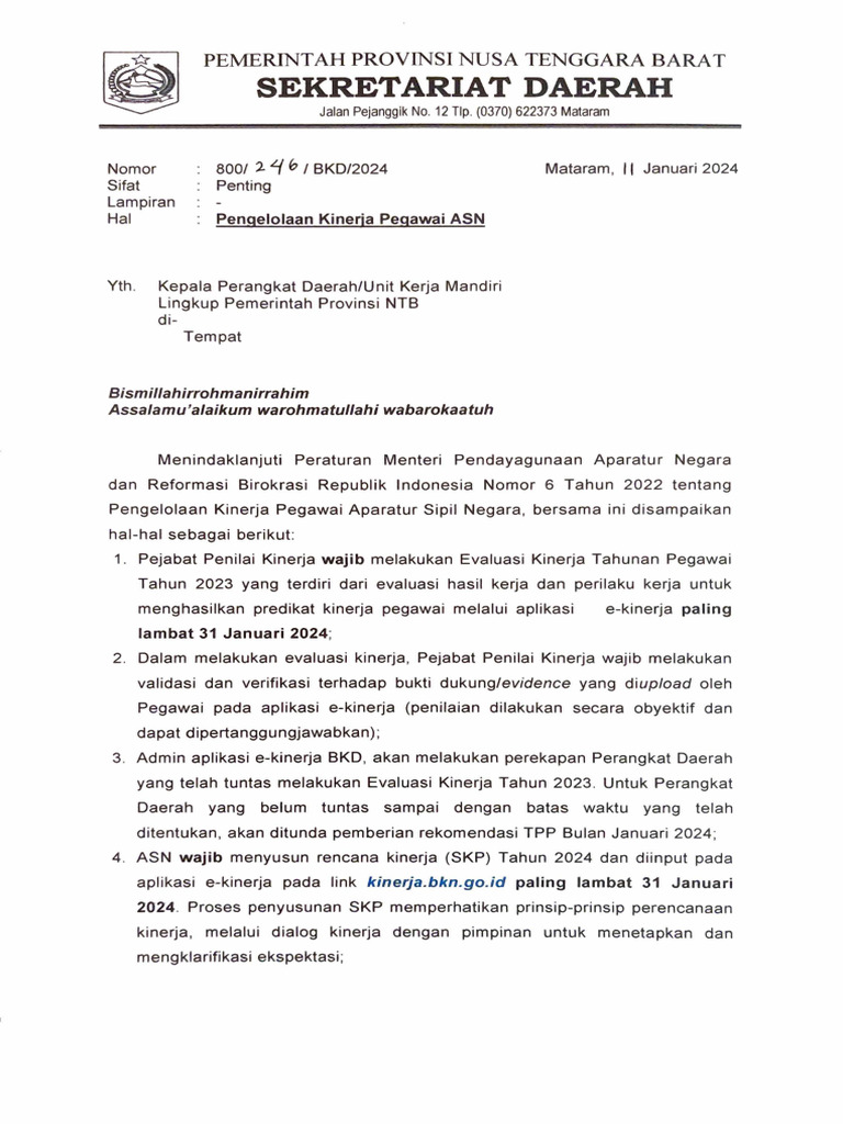 Surat Pengelolaan Kinerja ASN | PDF