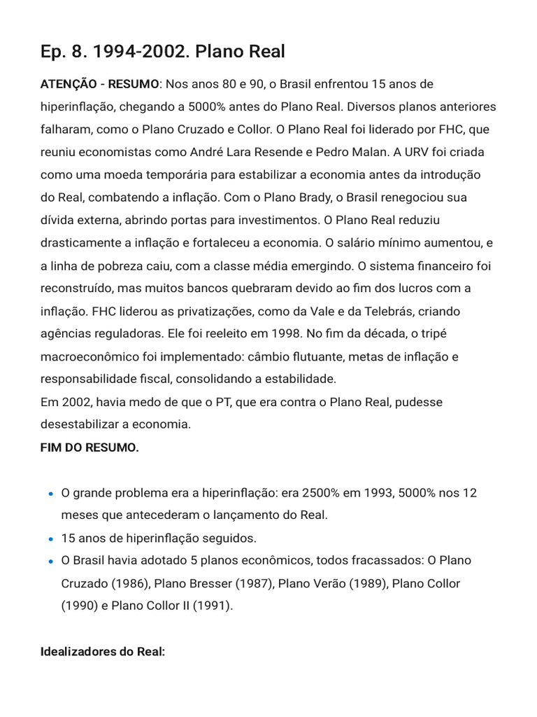 Ep. 8. 1994-2002. Plano Real | PDF
