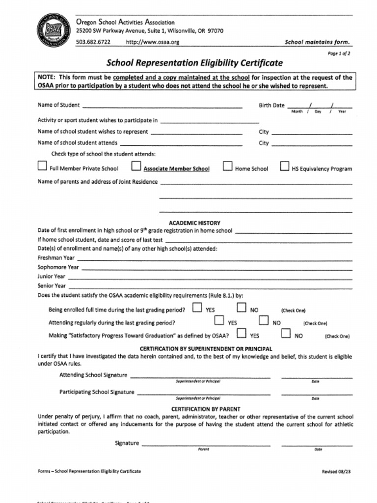 OSAA Eligibility Form | PDF
