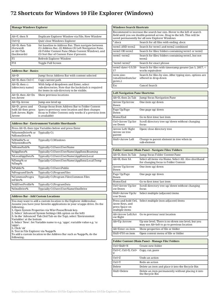 72 Shortcuts For Windows 10 File Explorer (Windows) | PDF