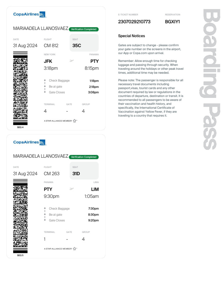 Boarding Pass de Copa Airlines | PDF | Baggage | Aviation