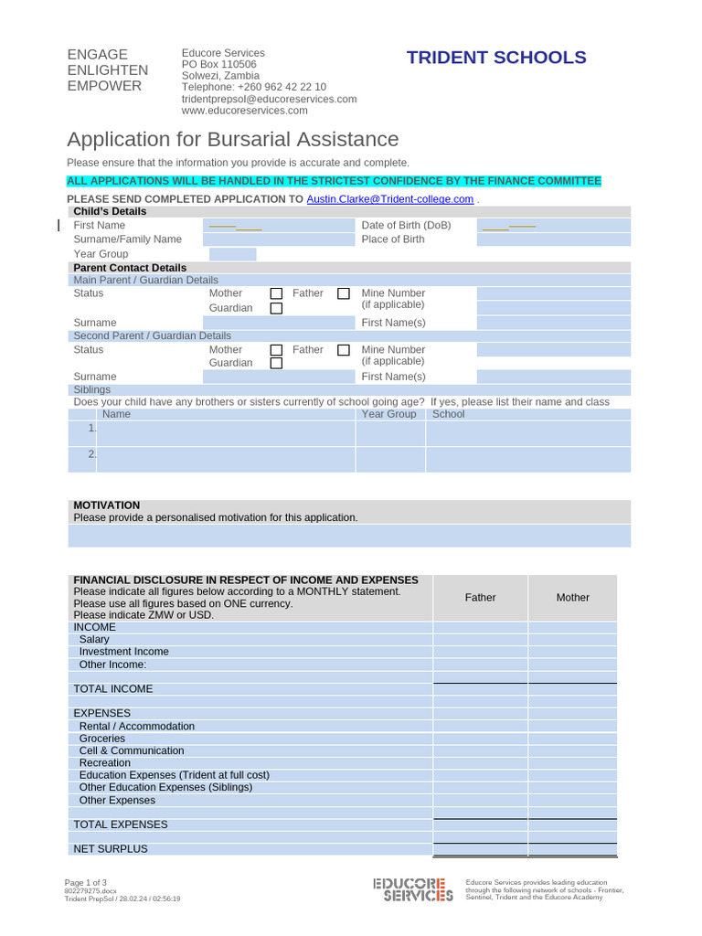 Bursary Applicationform Trident Schools 2024 | PDF