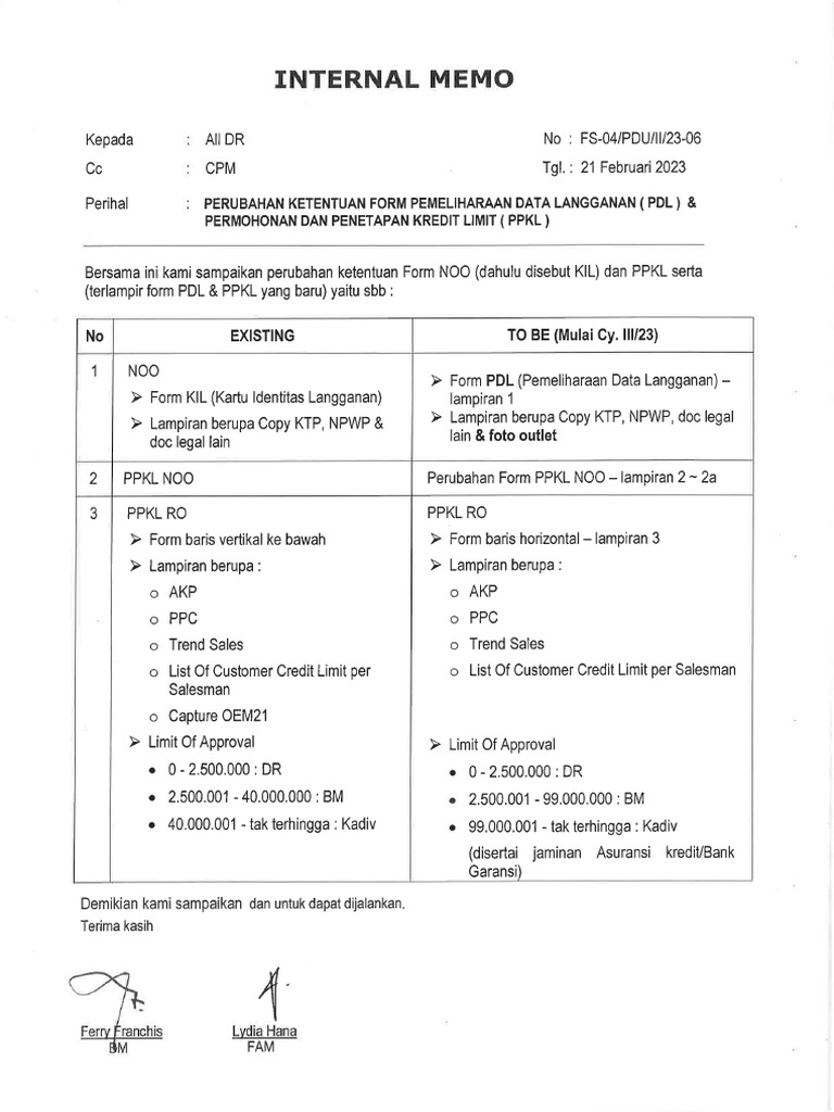 Memo Perubahan Form PDL & PPKL | PDF