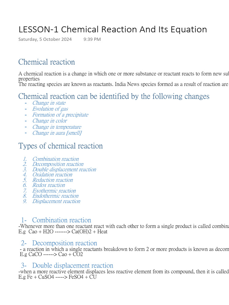LESSON-1 Chemical Reaction and Its Equation | PDF