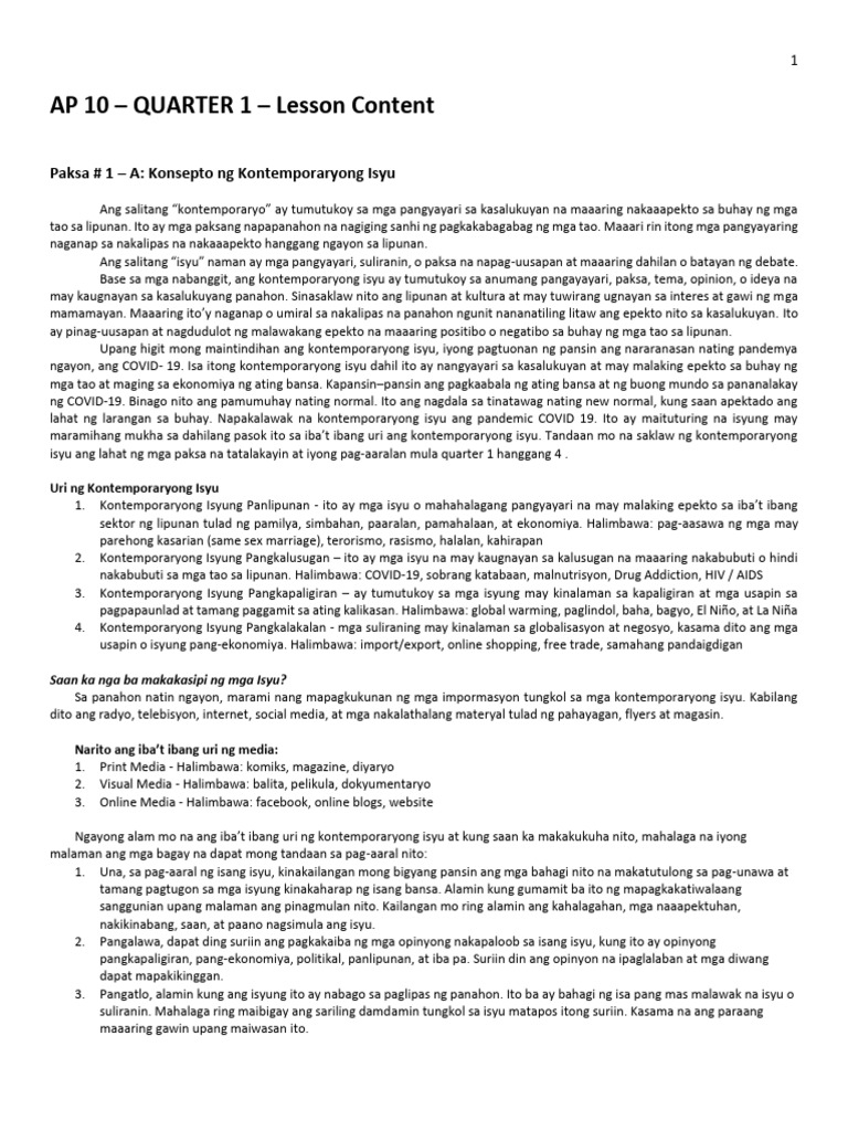 AP 10 QUARTER 1 Lesson Content | PDF