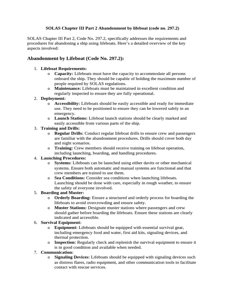 SOLAS Chapter III Part 2 Abandonment by Lifeboat (Code No. 297.2) | PDF