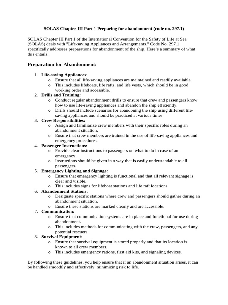 SOLAS Chapter III Part 1 Preparing For Abandonment (Code No. 297.1) | PDF