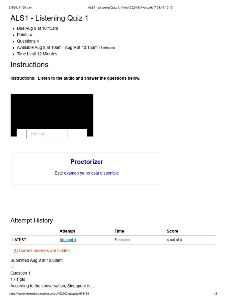 ALS1 - Listening Quiz 1 - Virtual 202408 Avanzado 7 08 - 45-10 - 15 | PDF