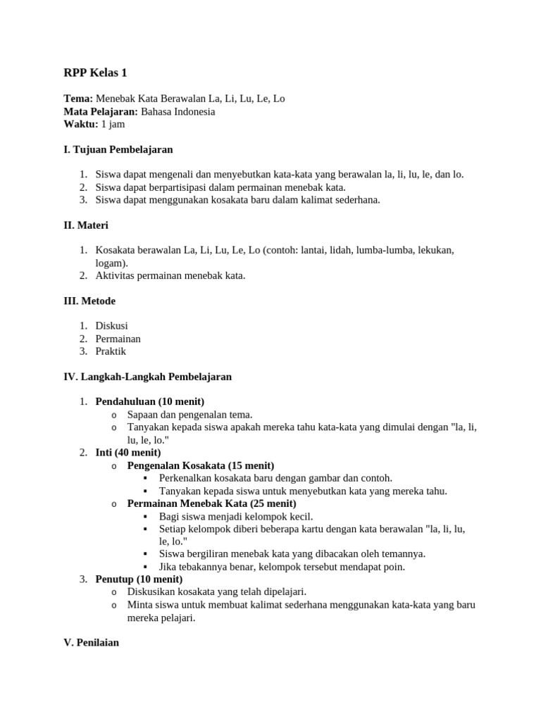 RPP Kelas 1 La Li Lu Le Lo | PDF