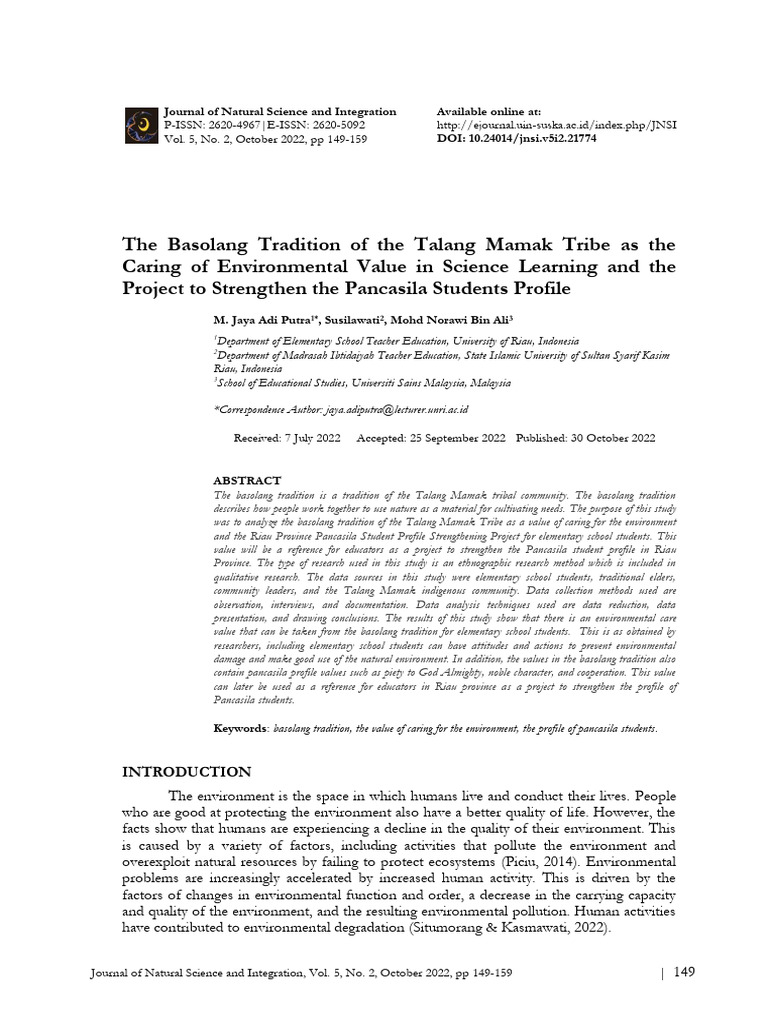 The Basolang Tradition of The Talang Mamak Tribe As The Caring of ...