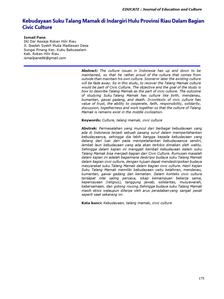 Kebudayaan Suku Talang Mamak Di Indargiri Hulu Provinsi Riau Dalam Bagian Civic Culture | PDF