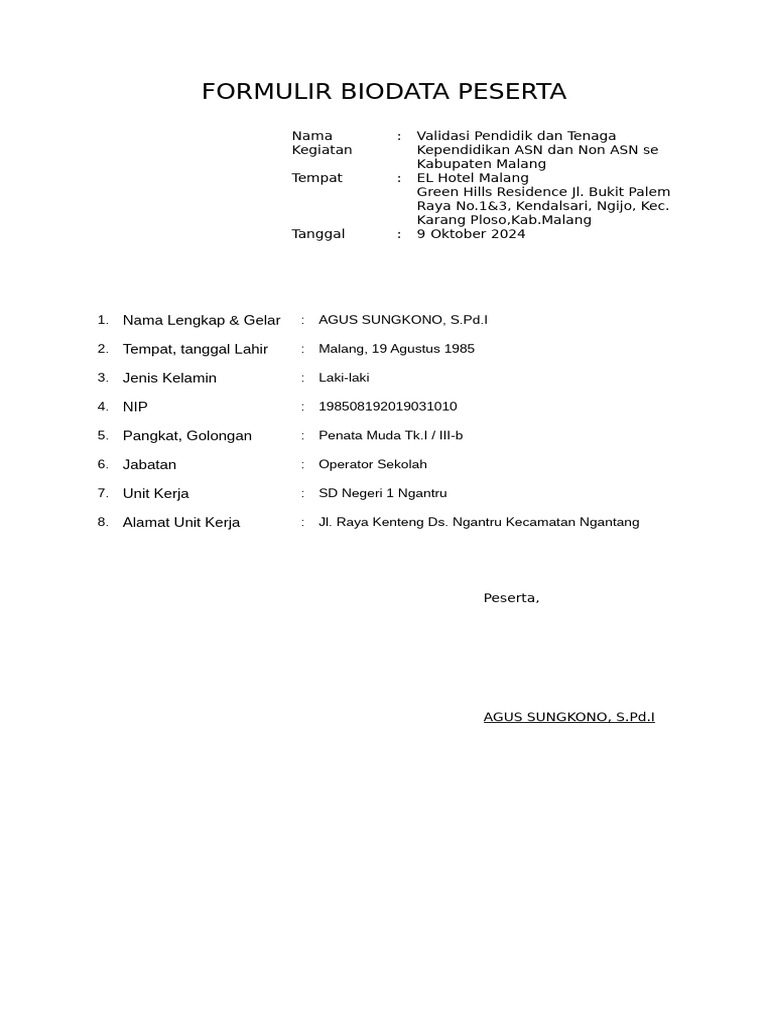 Biodata Peserta Validasi Asn Malang Pdf