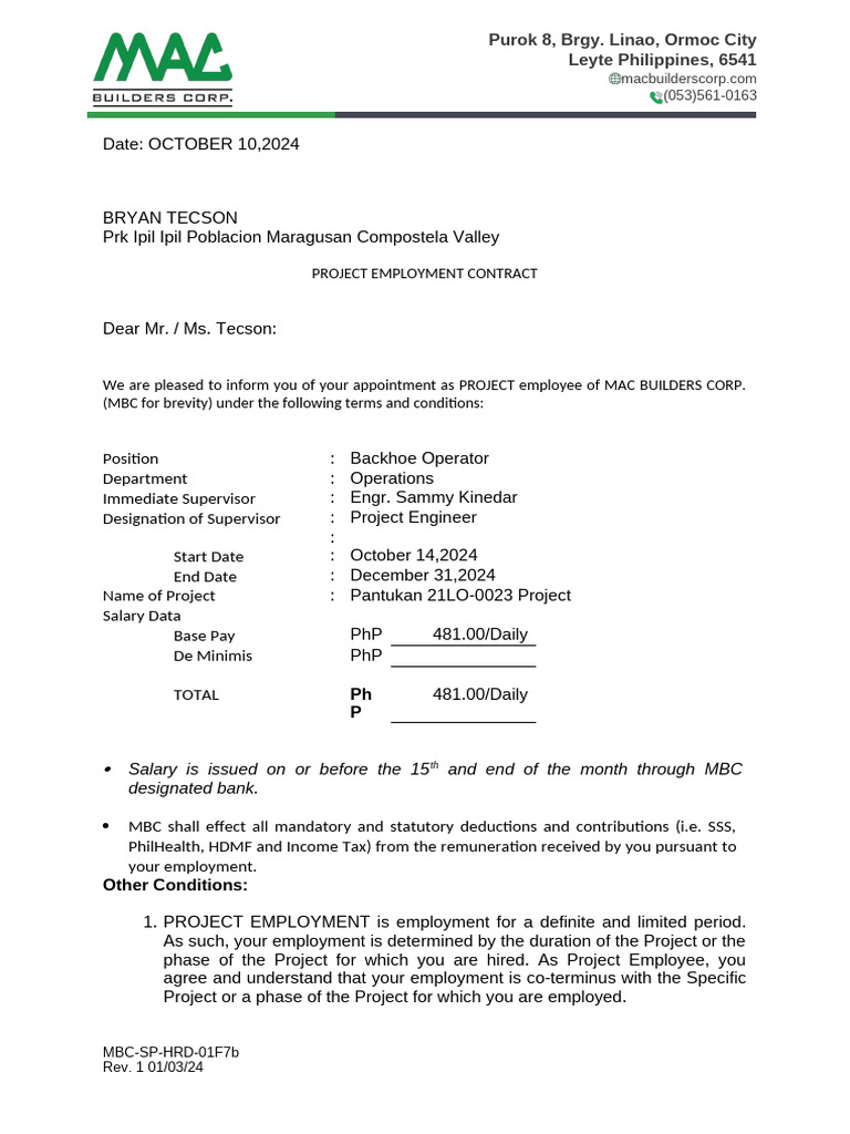 Bryan Tecson - Contract | PDF