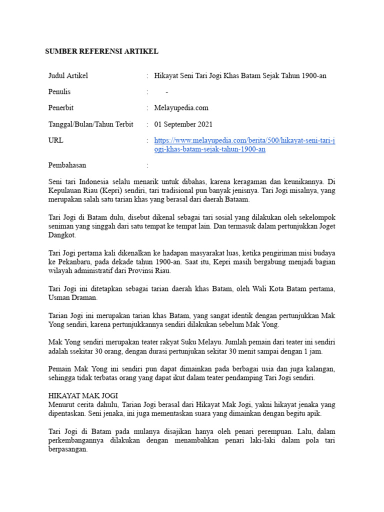 Hikayat Seni Tari Jogi Khas Batam Sejak Tahun 1900-An | PDF