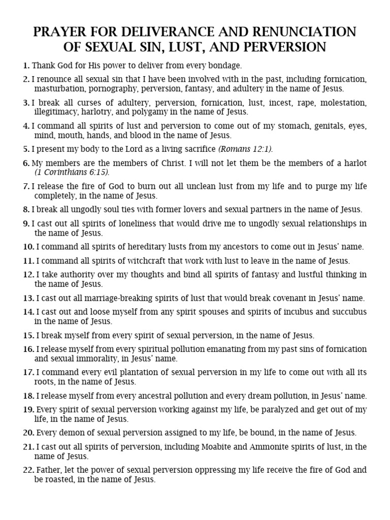 Prayer For Deliverance and Renunciation of Sexual Sin Lust and ...