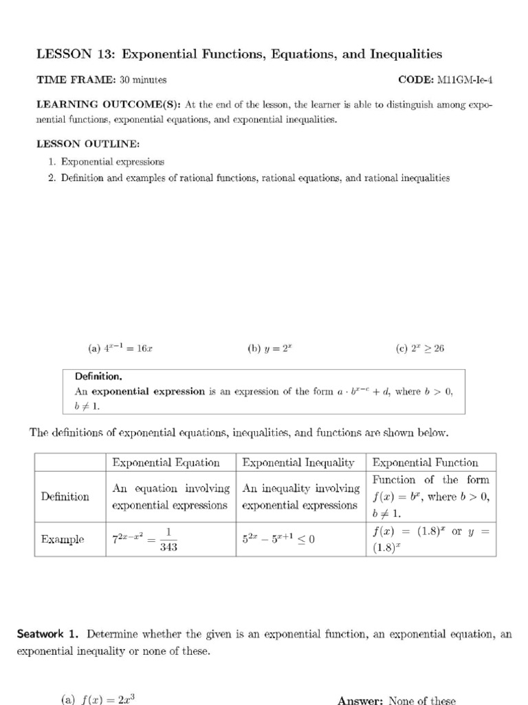 GenMath L13 - Exponential Funcions, Equations and Equalities | PDF