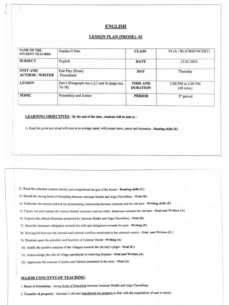 Model Lesson Plan- English-1 | PDF