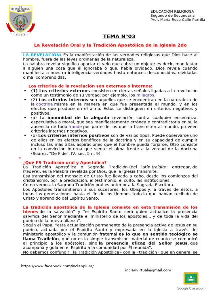 TEMA #03 - 2do Sec - La Revelación y La Tradición Oral y Apostólica | PDF