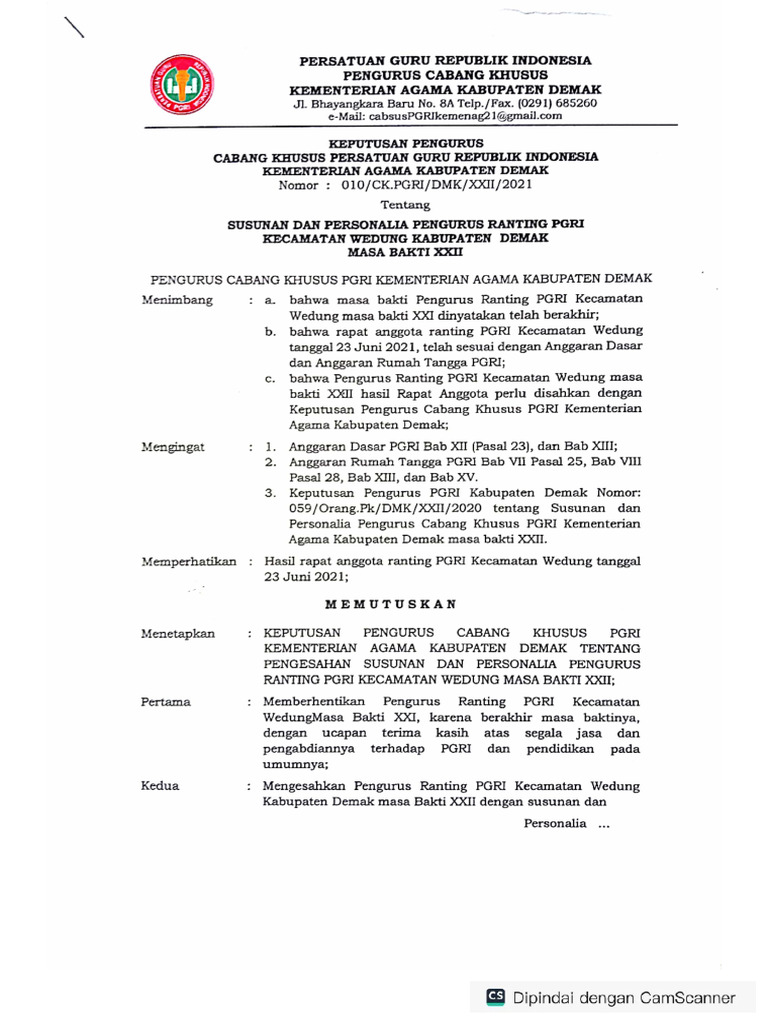 SK Pengurus PGRI Nitsus Wedung 2021-2025 | PDF