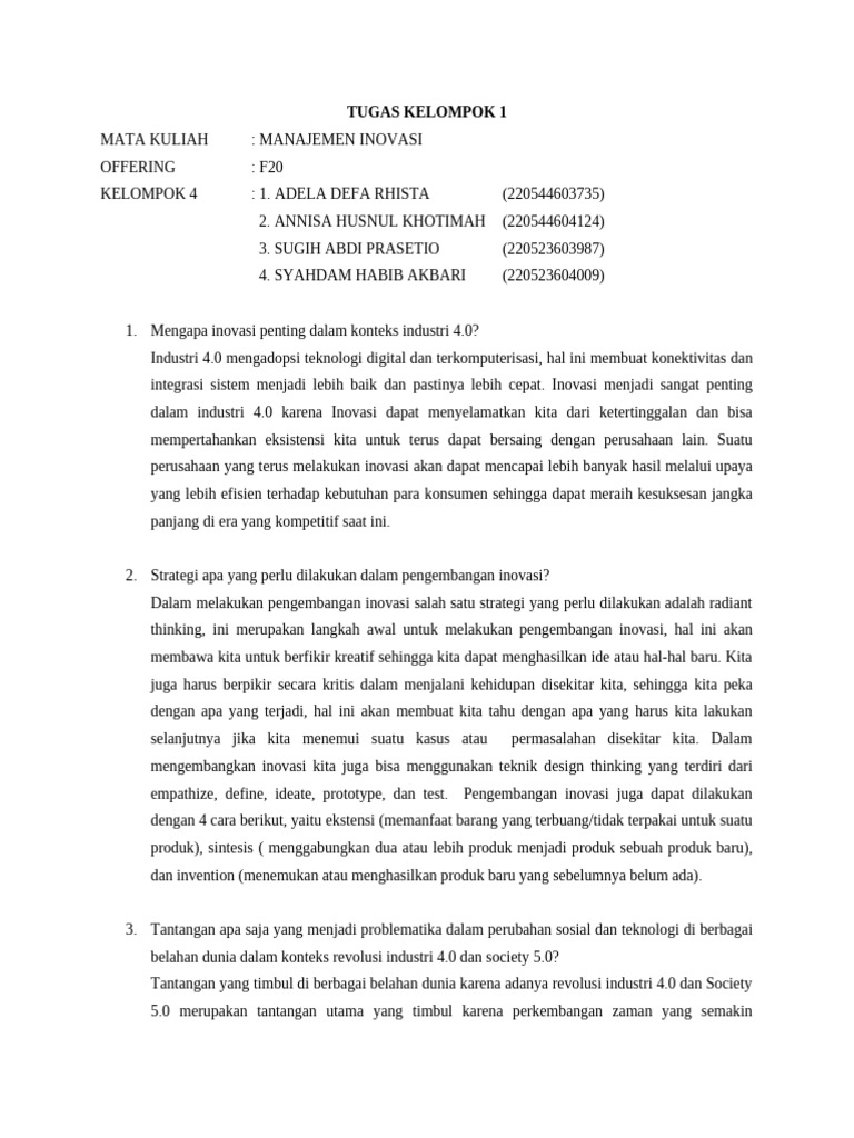 Kelompok 4 - Manajemen Inovasi - Tugas Kelompok 1 | PDF