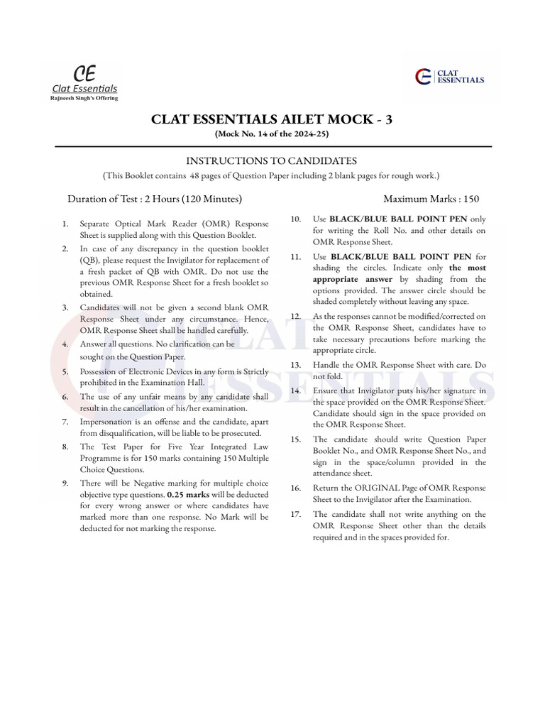 Mock 14 (AILET 3) - 5 Oct - Only QP | PDF