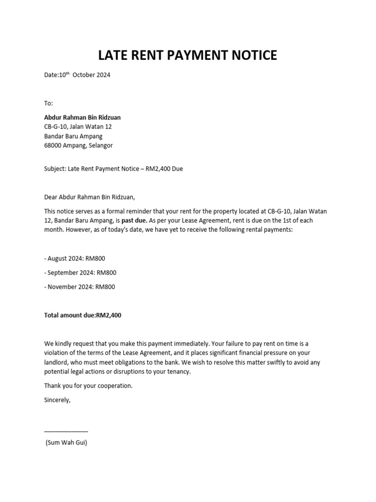 Late Rent Payment Notice | PDF