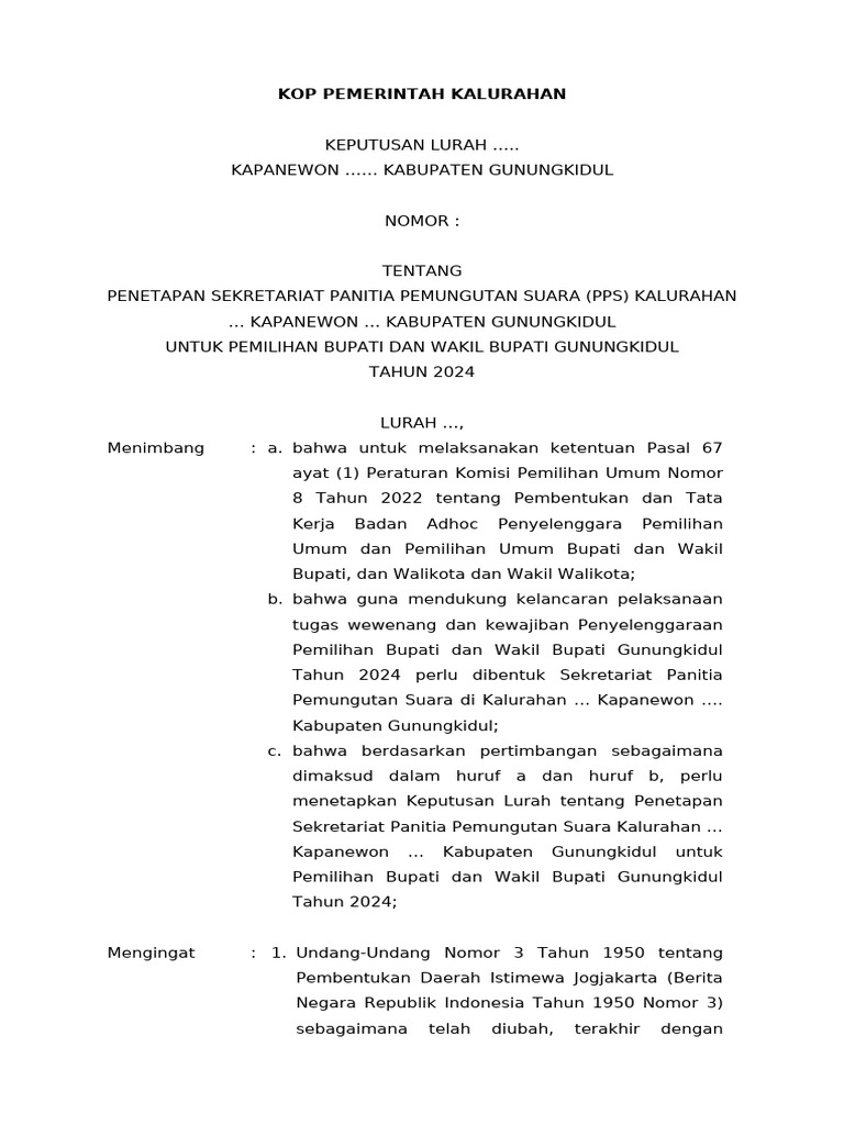 Templet SK Lurah Pembentukan Sekretariat PPS | PDF