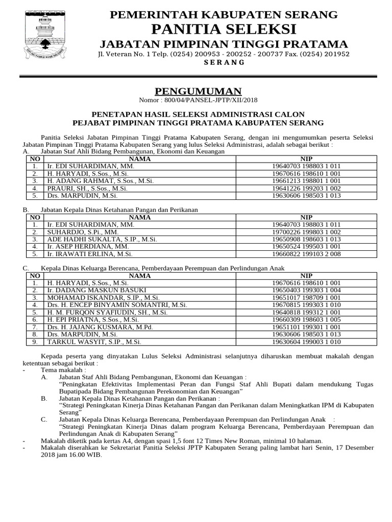 PENGUMUMAN LOLOS SELEKSI ADMINISTRASI CPNSX 20x24 | PDF