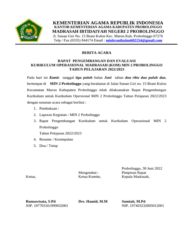 Berita Acara Review Dan Revisi Kurikulum Operasional MIN 2 Prob 2022 | PDF