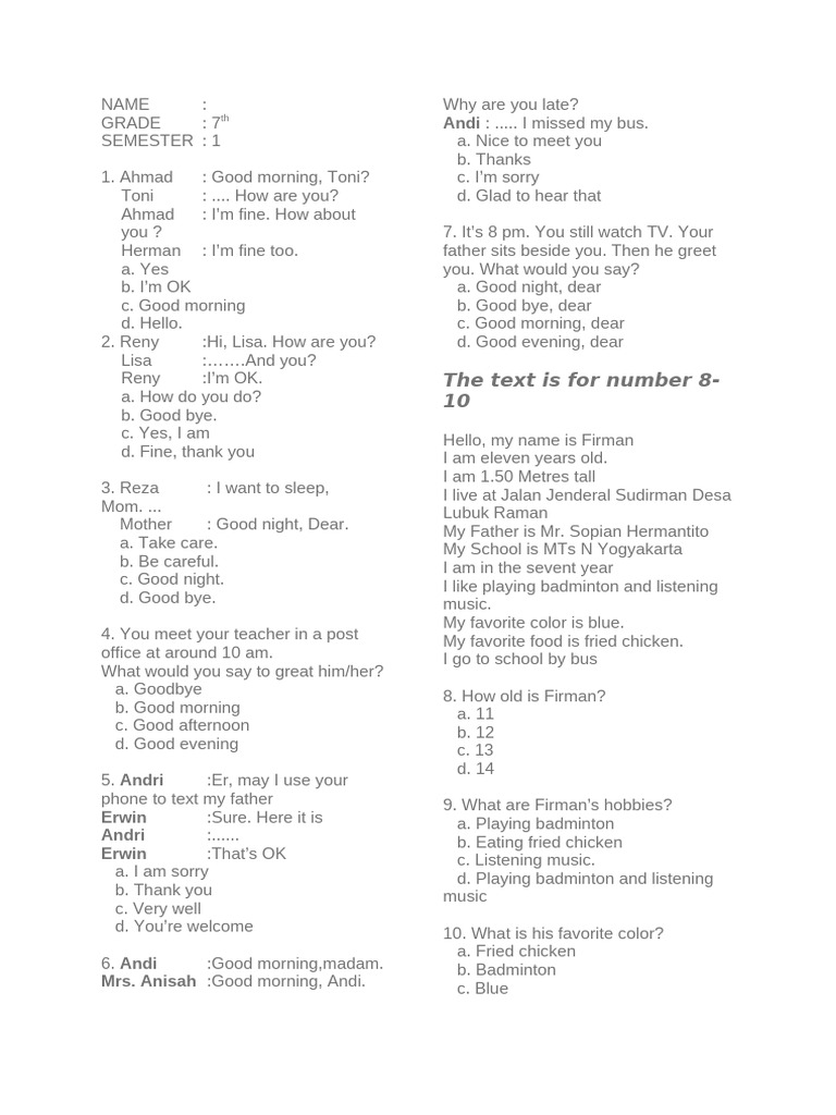 A. UTS BIG KELAS 7 Semester 1 | PDF