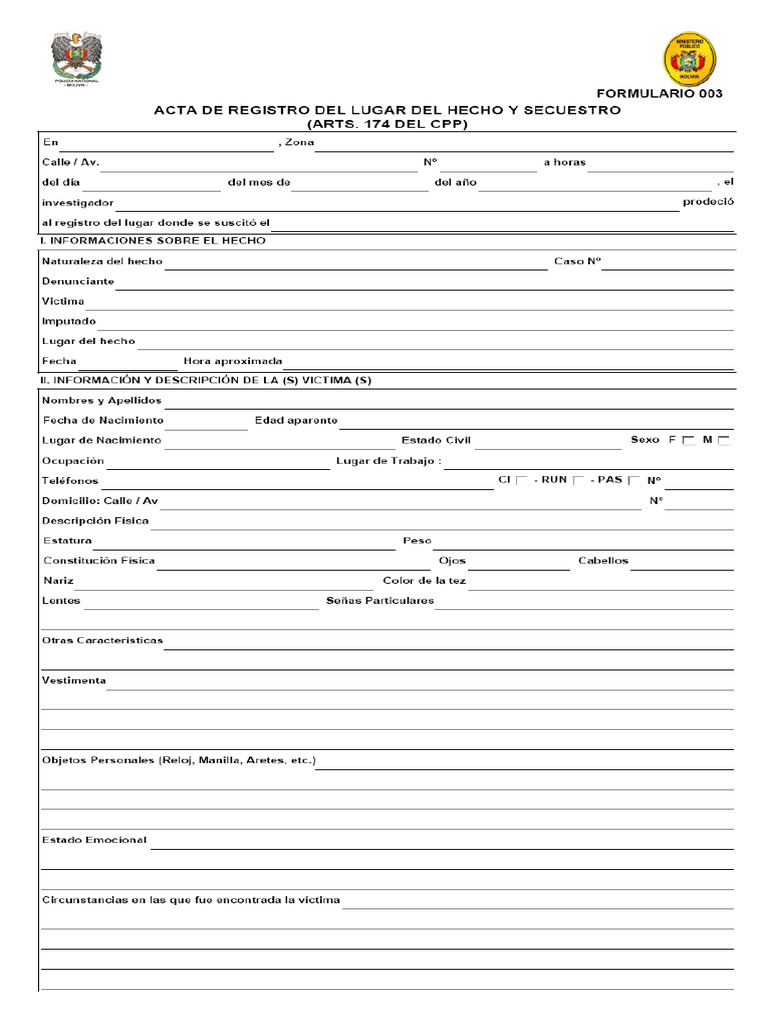 Formulario 003 Acta de Registro Del Lugar Del Hecho y Secuestro | PDF