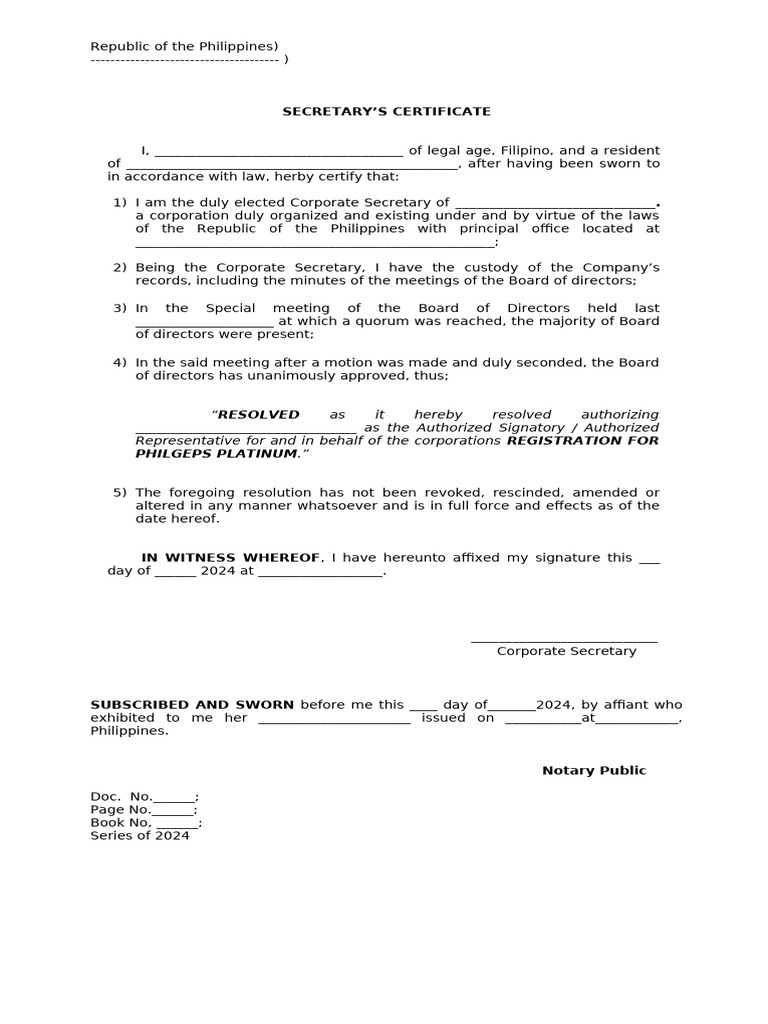 Secretary Certificate - Philgeps Authorized Representative | PDF