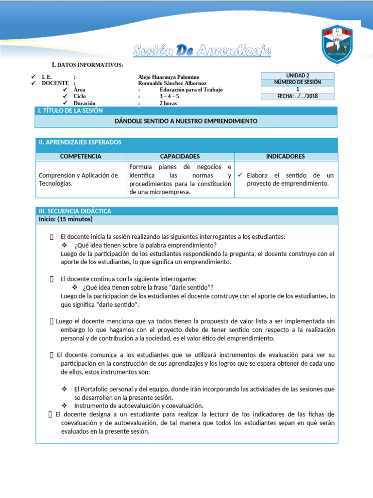 Sesion de Aprendizaje EPT PDF | PDF