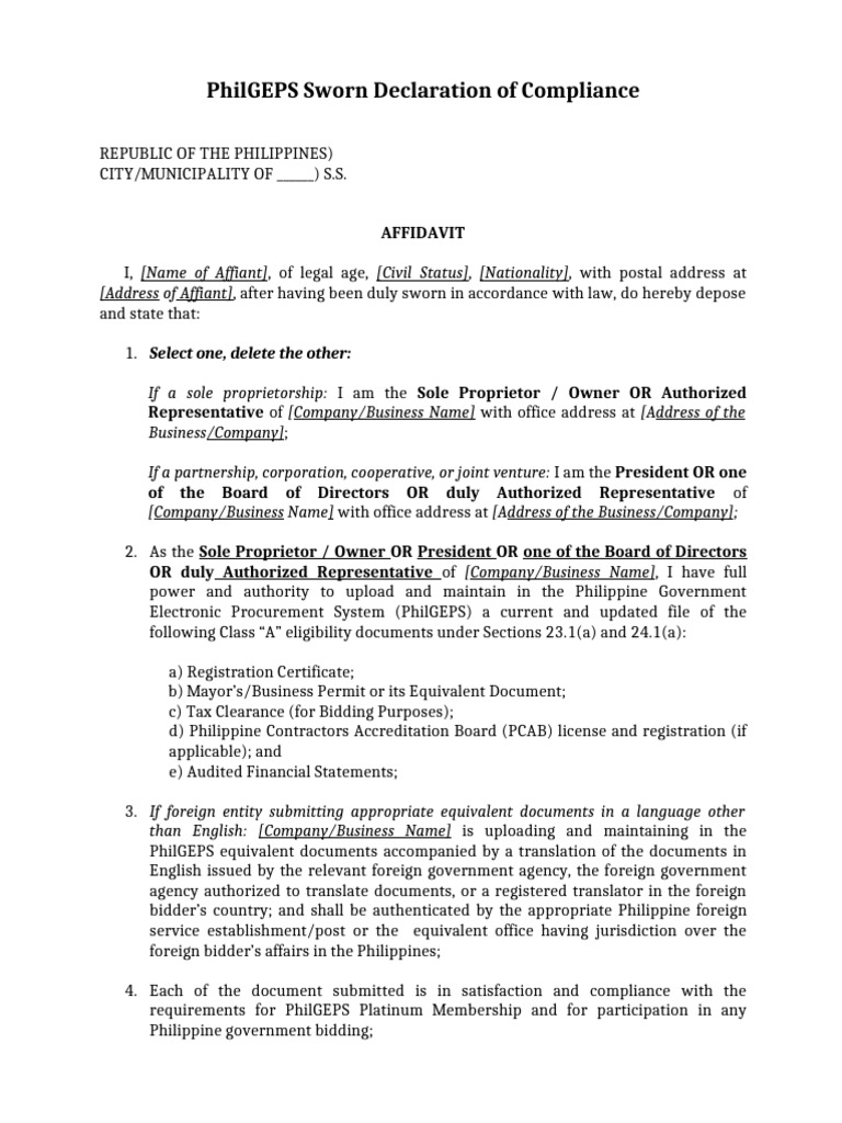 PhilGEPS Sworn Declaration of Compliance | PDF | Sole Proprietorship ...