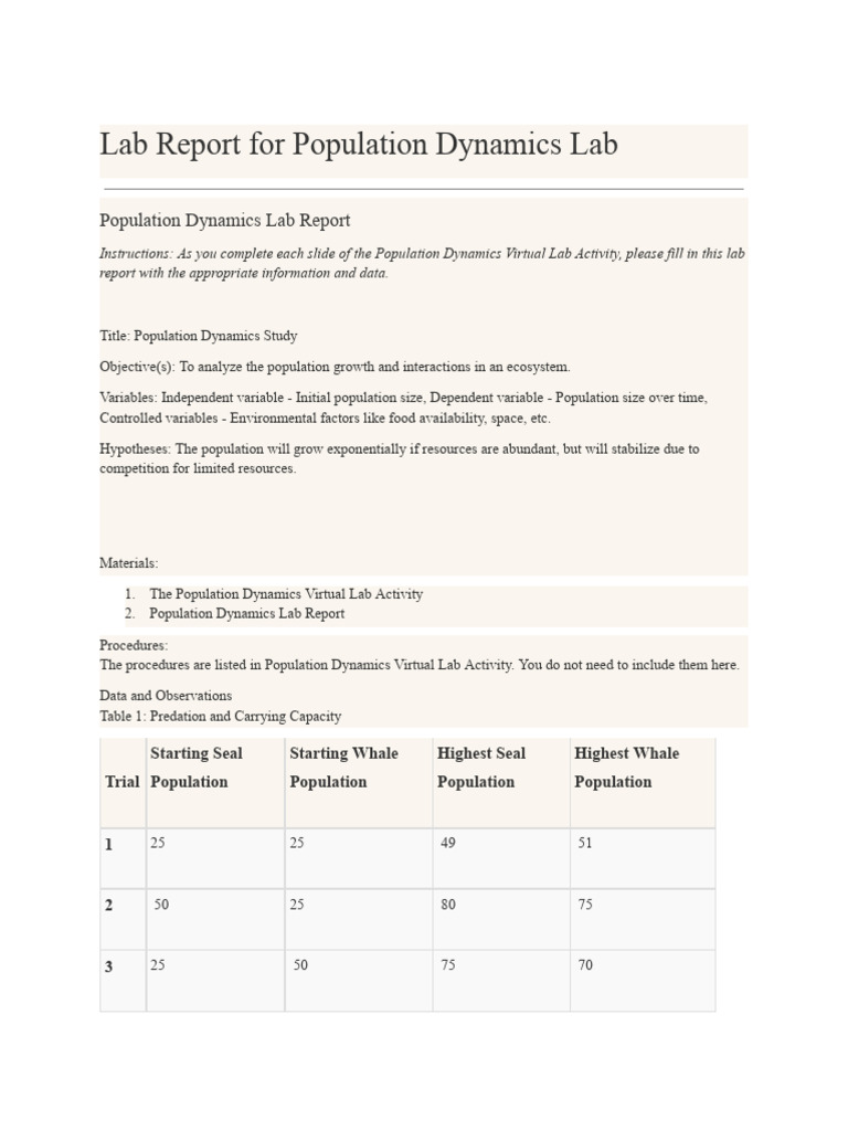 Lab Report For Population Dynamics Lab | PDF