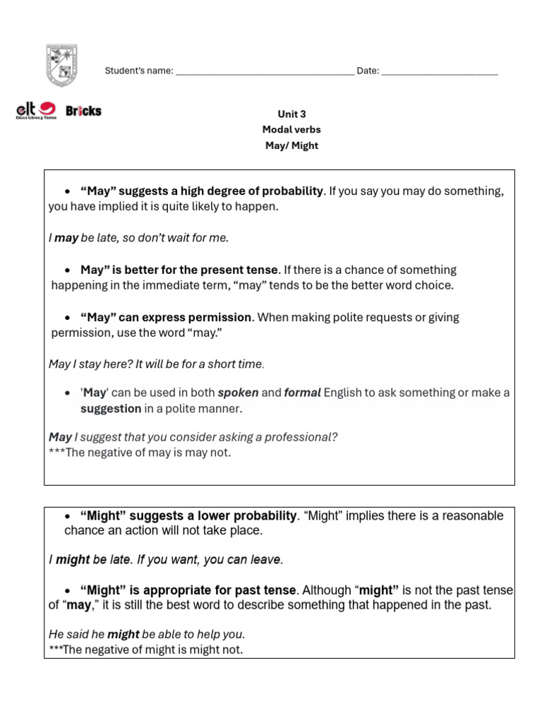 02 - Unit 3 - Modals Worksheet May-Might | PDF | Grammatical Tense ...